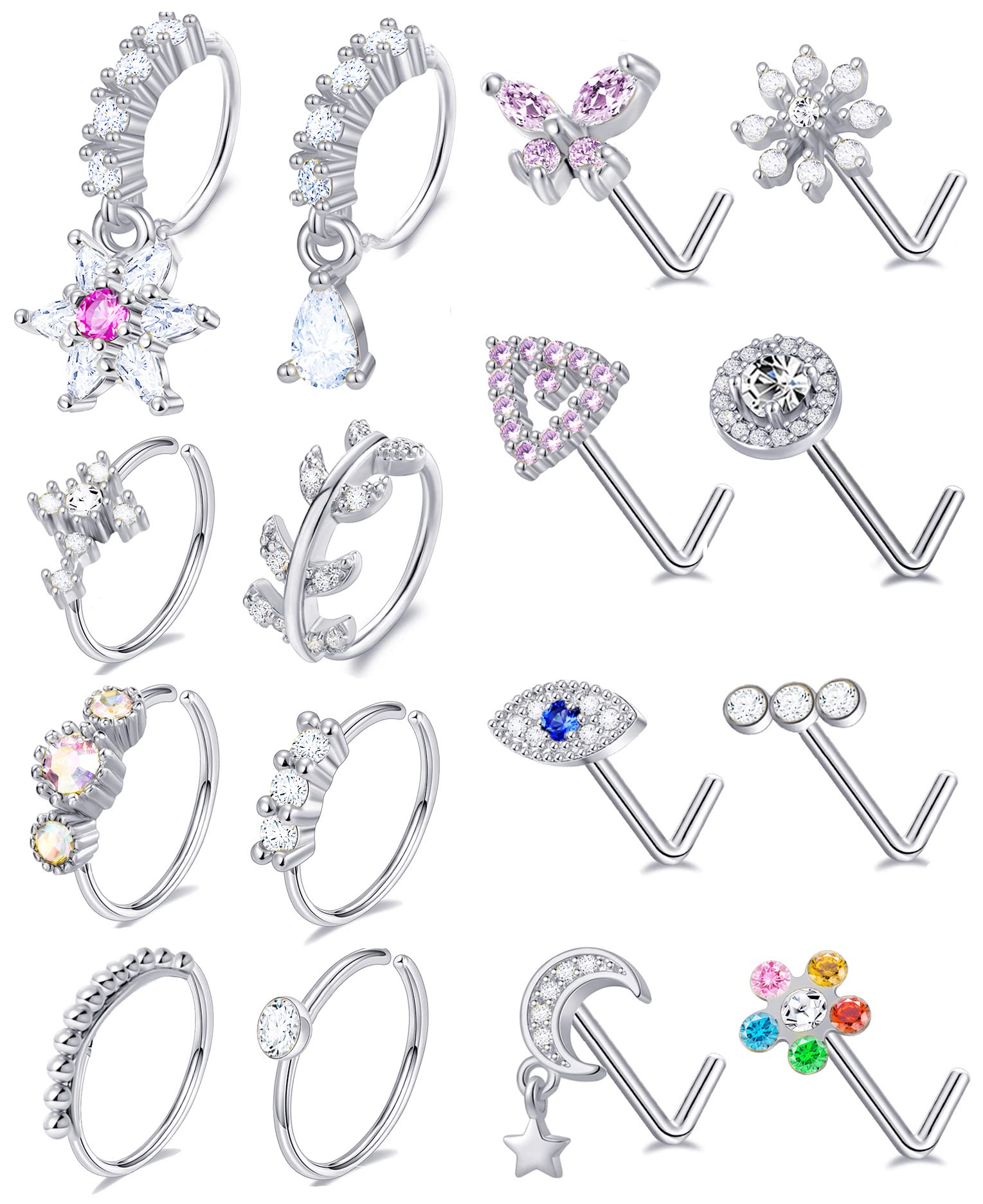 Fxiqini 16Pcs Dangle Nose Rings Stud L Shape Nose Studs Stainless Steel Nose Ring Hoop Butterfly Evil Eye Heart Cross Star Waterdrop Leaf Moon Snowflake Opal Shiny CZ Shape Dangling Nostril Nose