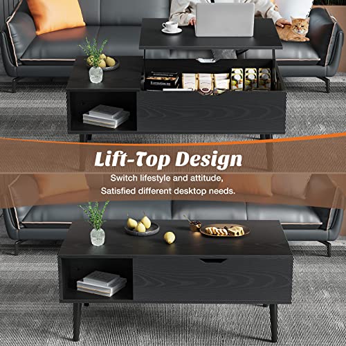 Sweetcrispy Coffee Table, Lift Top Coffee Tables for Living Room,Rising Tabletop Wood Dining Center Tables with Storage Shelf and Hidden Compartment (Black)