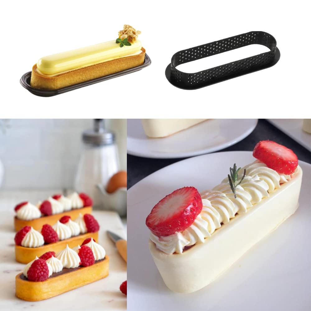 FOVIUPET 8pcs Oval Tart Rings Oval Tart Bottom Tower Cake Ring Mold Carbon Fiber Non Stick Perforated Tart Rings for Mousse Cheese Cake Muffin Pie Kitchen Baking Tart Molds (Black Oval)