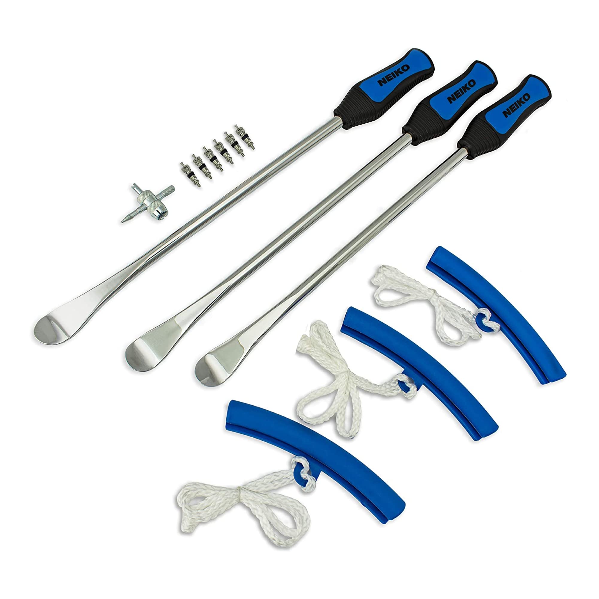 NEIKO 20601A 14.5โ Steel Tire Spoons Tool Set, Tire Tools Include 3 Piece Tire Spoons, 3 Piece Rim Protector, Valve Tool, 6 Piece Valve Cores, Motorcycle Tire Changer, Dirt Bike Tire Levers