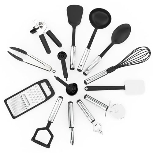Cooking Utensil Set Stainless Steel 23 Piece Kitchen Gadget Tools Heat Resistant (Black)