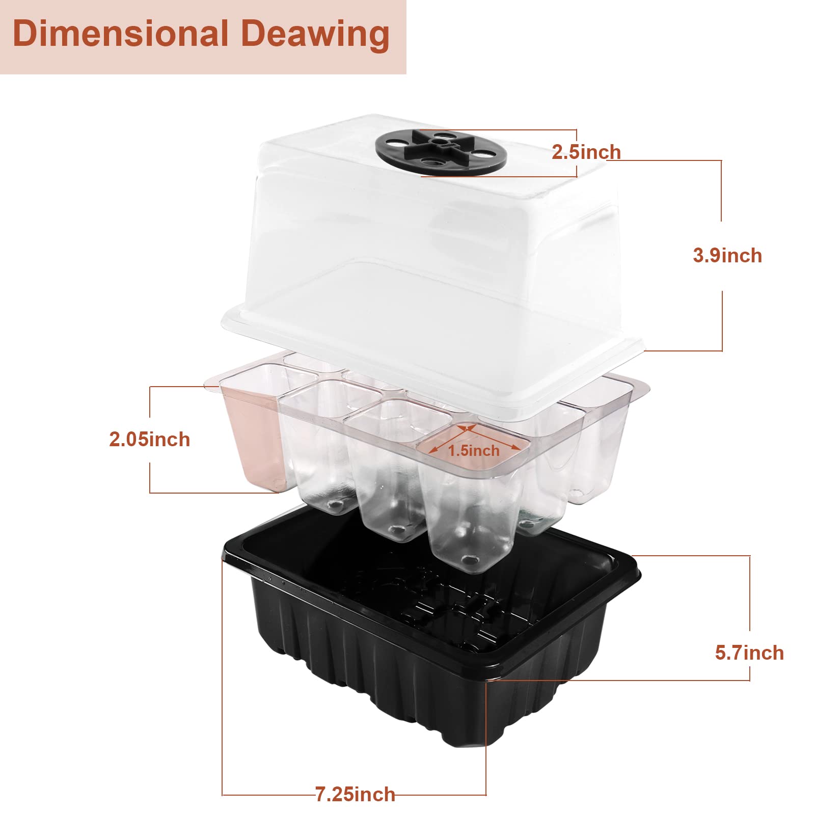 Cookmaster Seed Starter Tray, 6 pack Seed Starter Kit with Grow Light, Seedling Trays with Humidity Domes, Covers Height 3.9", Indoor Gardening Plant Germination Trays (12 Cells per Tray)