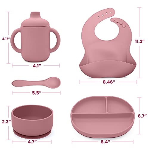 Silicone Baby Feeding Set - Food-Grade Baby Led Weaning Supplies For Toddlers - Includes Non-BPA Suction Plate with Divider, Suction Bowl, Pocket Bib, Spoon & Sippy Cup For Weaning - Pink