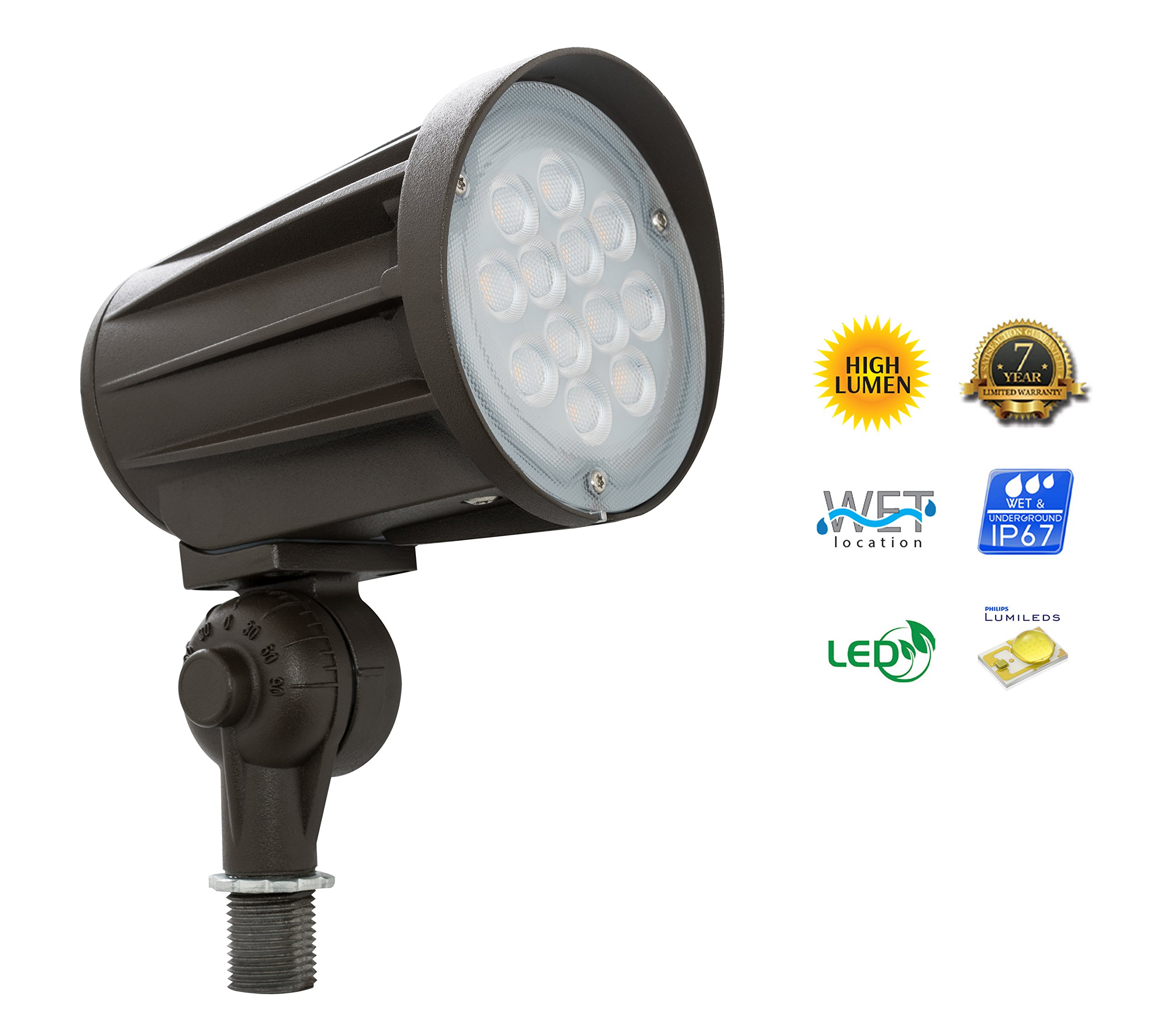 Westgate WG LED 12 Volt Outdoor Landscape Garden Bullet Flood Lights - Path Walkway Lawn Spotlights - Wire/Spike Accessories Included (24W 5000K Cool White Bronze)