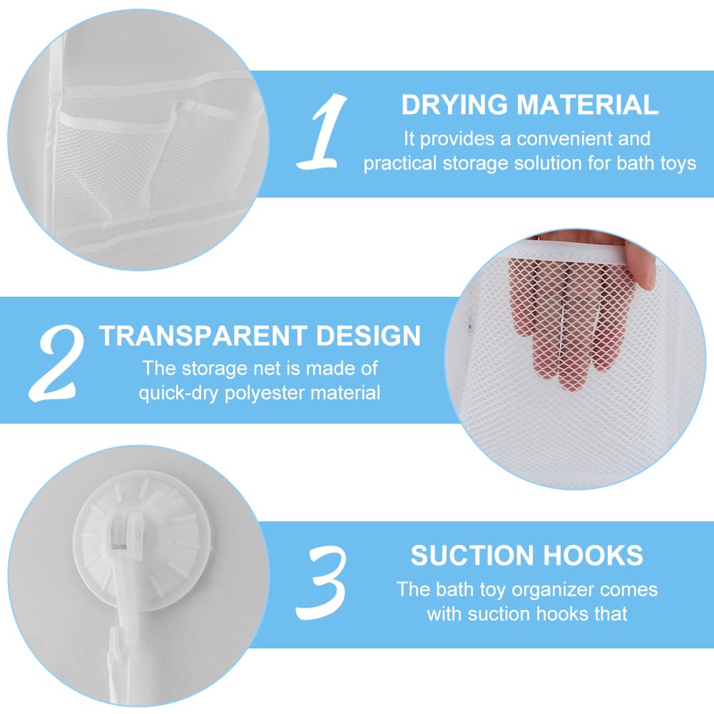 Jaeskeclip 2pcs Bath Toy Storage,Bath Toy Holder,Bath Tub Toy Holder Net With Pockets, Shower Caddy Holds Kids Toys, Soap, Or Shampoo, Hooks Included, White