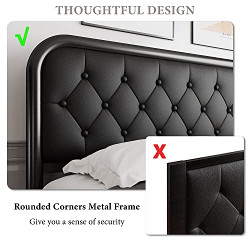 iPormis Queen Size Metal Bed Frame with Leather Headboard, Heavy-Duty Platform Bed Frame, Thicker Metal Steel Slats Support, 12'' Under-Bed Space, Noise-Free, Easy Assembly, Black