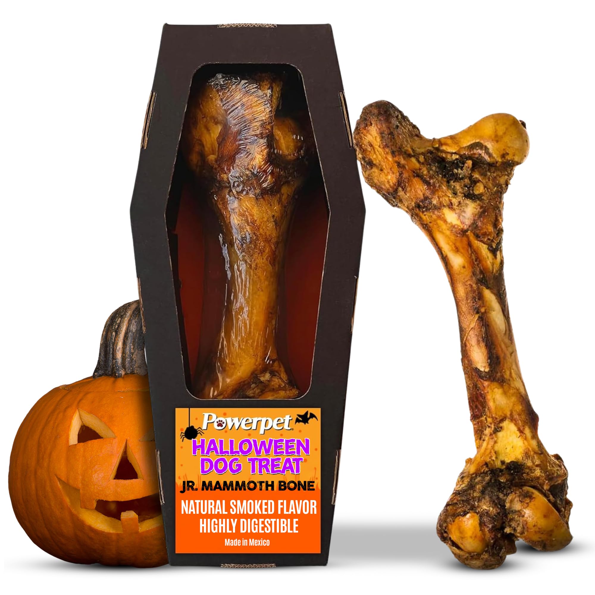 Powerpet Jr. Mammoth Bone - Halloween Dog Treats, Natural Beef Dog Chew Bones, Digestible Dog Bones w/High Calcium, for Dental Health, Large Breeds & Aggressive Chewers - Odorless, Smoked Flavor 1pc