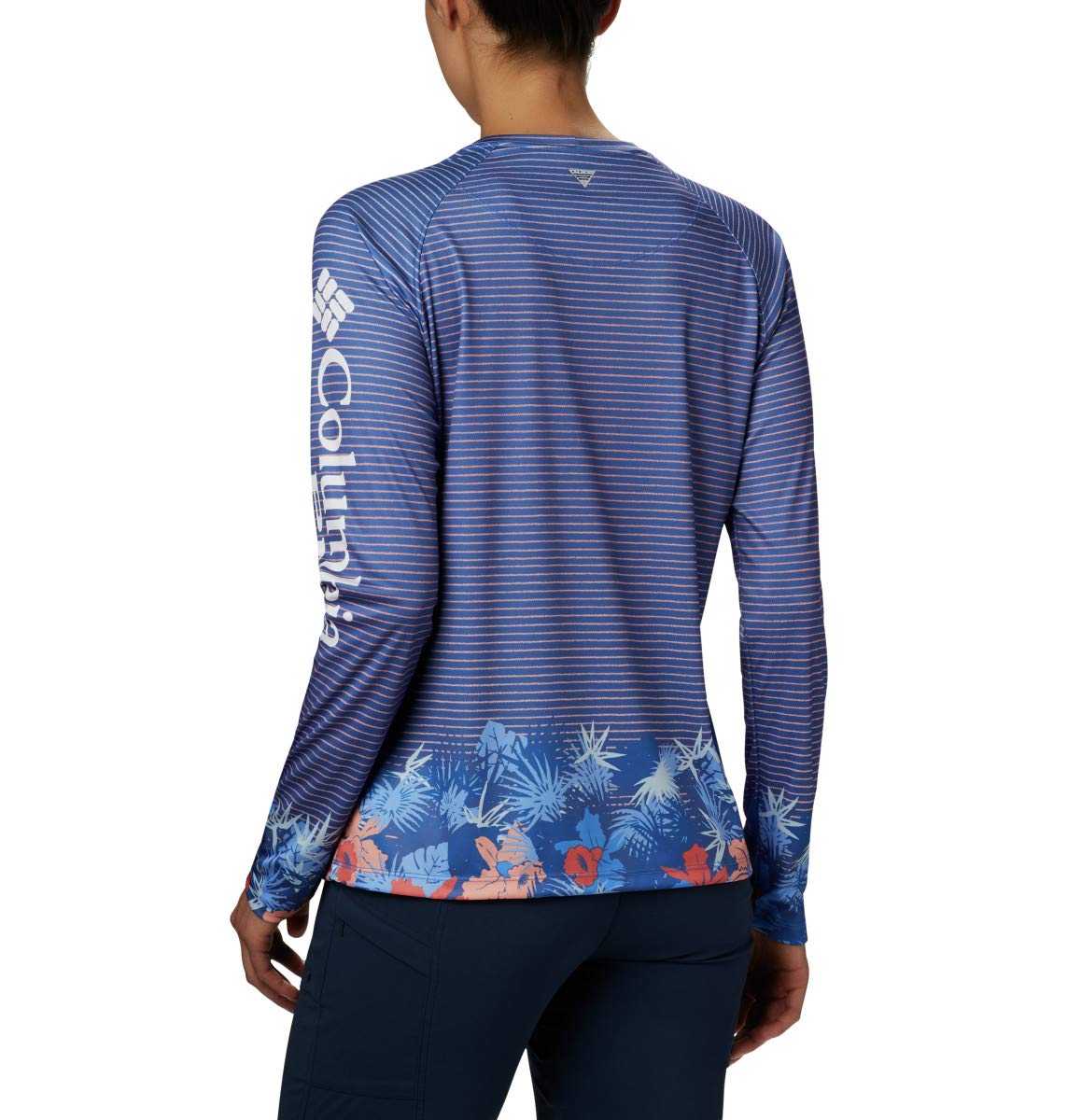 Columbia Women's Standard Super Tidal Tee Long Sleeve, Stormy Blue Wild Stripes Print, Medium