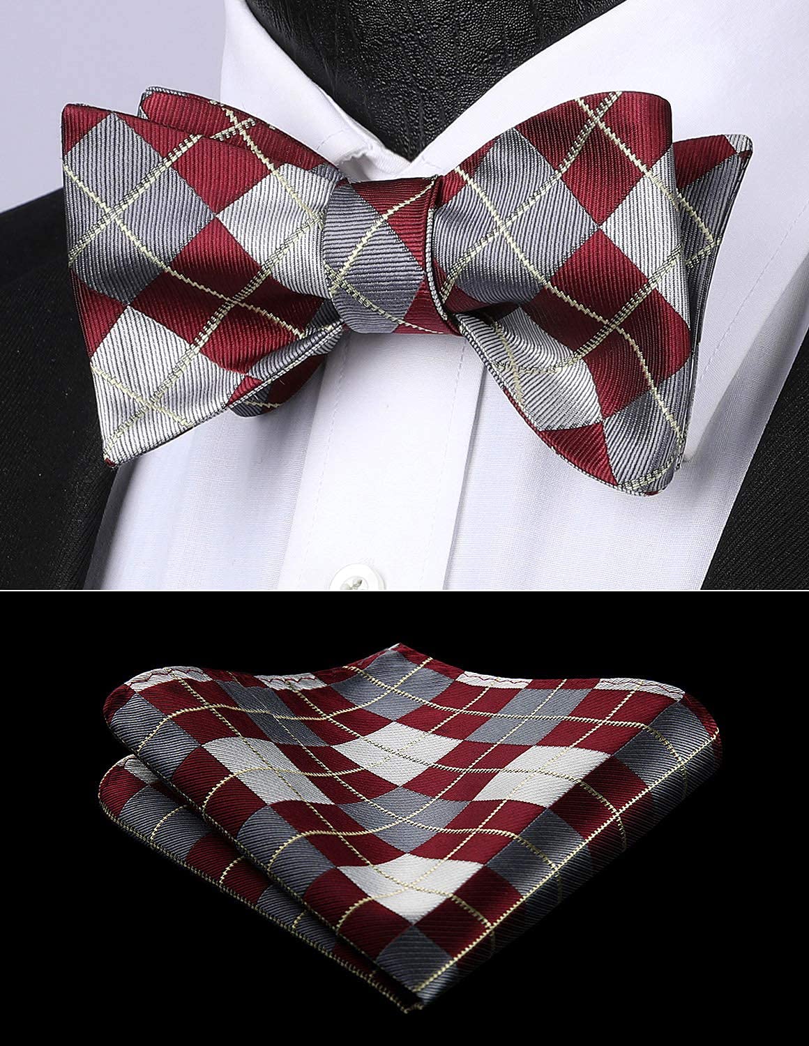Bow Ties for Men Plaid Self-Tie Bow Tie and Pocket Square Set Classic Formal Tuxedo Bowties for Wedding & Party