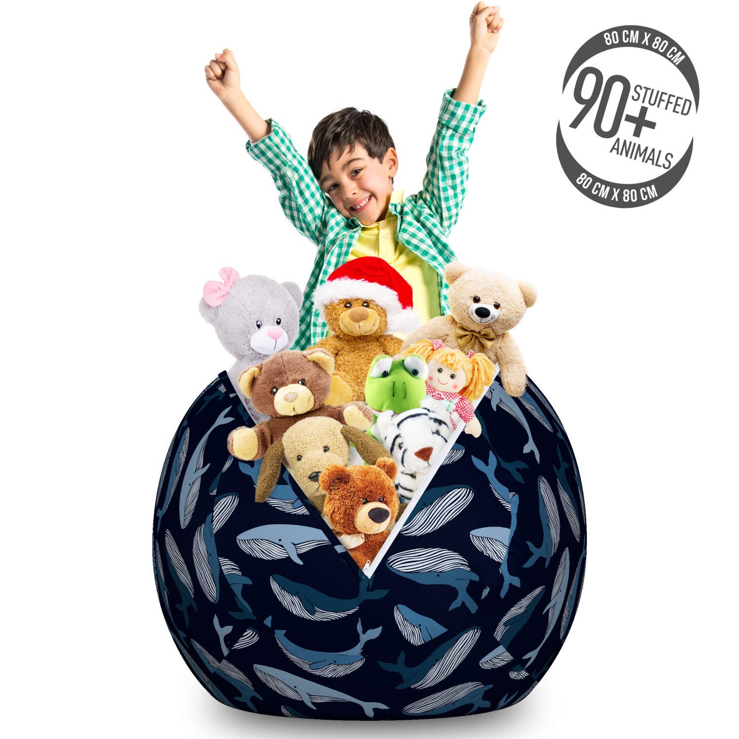 Lunarable Whales Storage Toy Bag Chair, Doodle Pattern with Ocean Mammals Nature Theme on Dark Background, Stuffed Animal Organizer Washable Bag, Large Size, Pale Blue