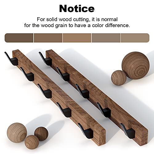 IURRDOP Black Walnut Wood Wall Mount Coat Rack with 5 Hooks, Adhesive Mounted Rustic Decorative Entryway Hooks, Mid Century Modern Natural Wooden Pegs for Hanging Coat Clothes Hat Bag Purse and Towel