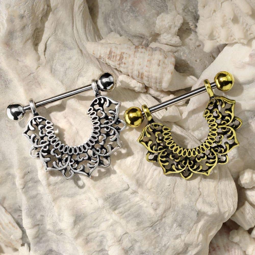 Covet Jewelry Filigree Flower Dangle 316L Surgical Steel Nipple Rings (Gold)