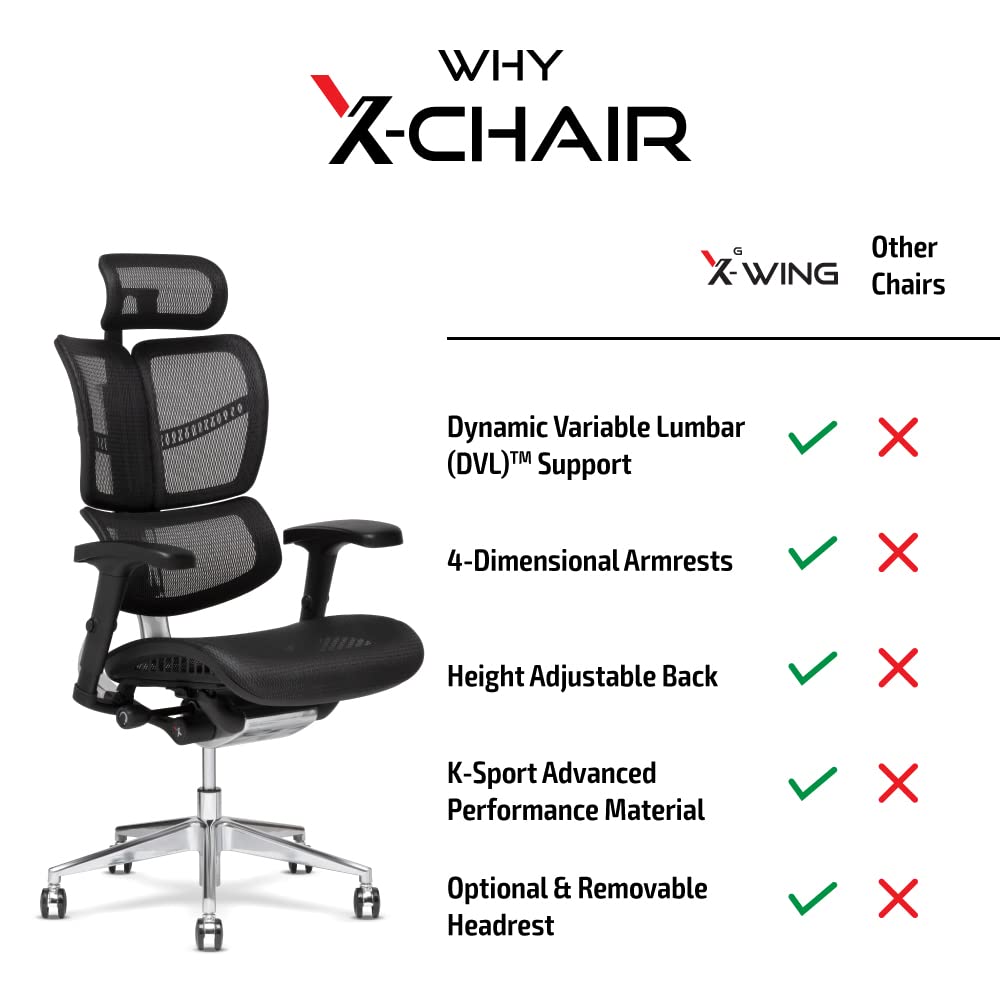 X-Chair XG-Wing Management Task Chair, Black K-Sport Mesh Fabric with Headrest - Ergonomic Office Seat/Split-Back Design/Dynamic Variable Lumbar Support/Floating Recline/Perfect for Long Work Days