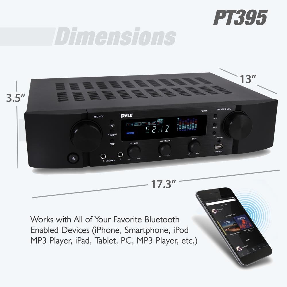 Pyle Updated Premium Pyle Stereo Preamplifier, Home Entertainment Receiver, Bluetooth Amp, RCA Audio Input, 2 Channel Amp, AM/FM Radio with LCD Display, MP3/USB/AUX, AC Power Cable PT395