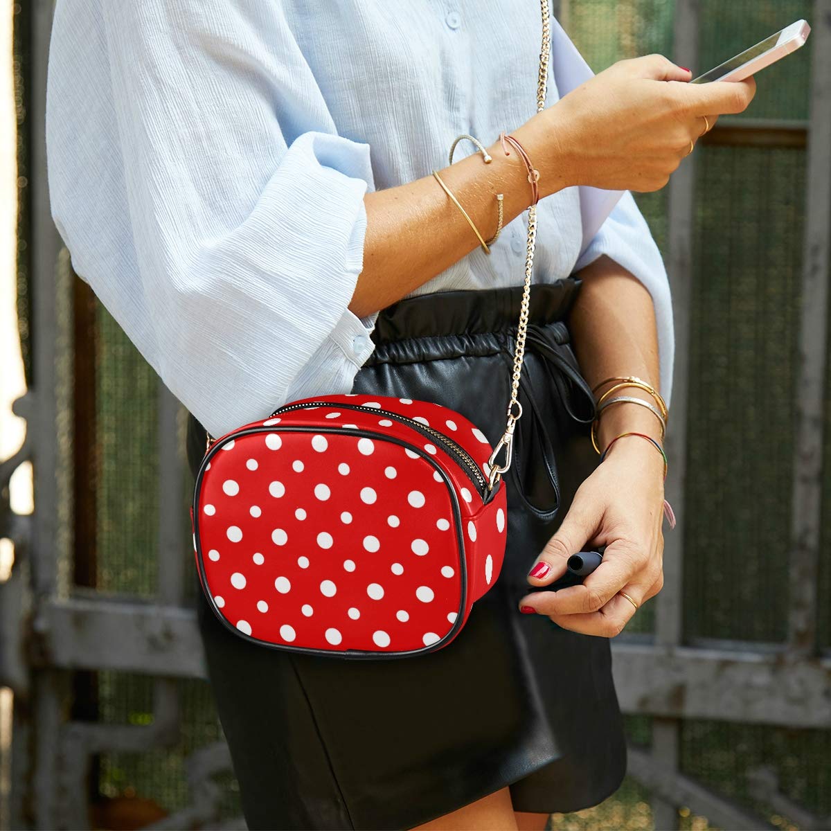 Vikko Red And White Polka Dot Small Crossbody Bag Handbag Purse PU Leather Women Shoulder Chain Bag With Metal Chain Strap And Tassel Top Zipper
