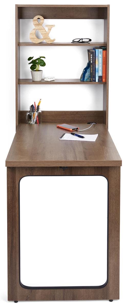 Displays2go Fold Out Desk Wall Mount with Shelves and Whiteboard, 29.5" High Tabletop - Dark Brown (FDWMDWBBRN)