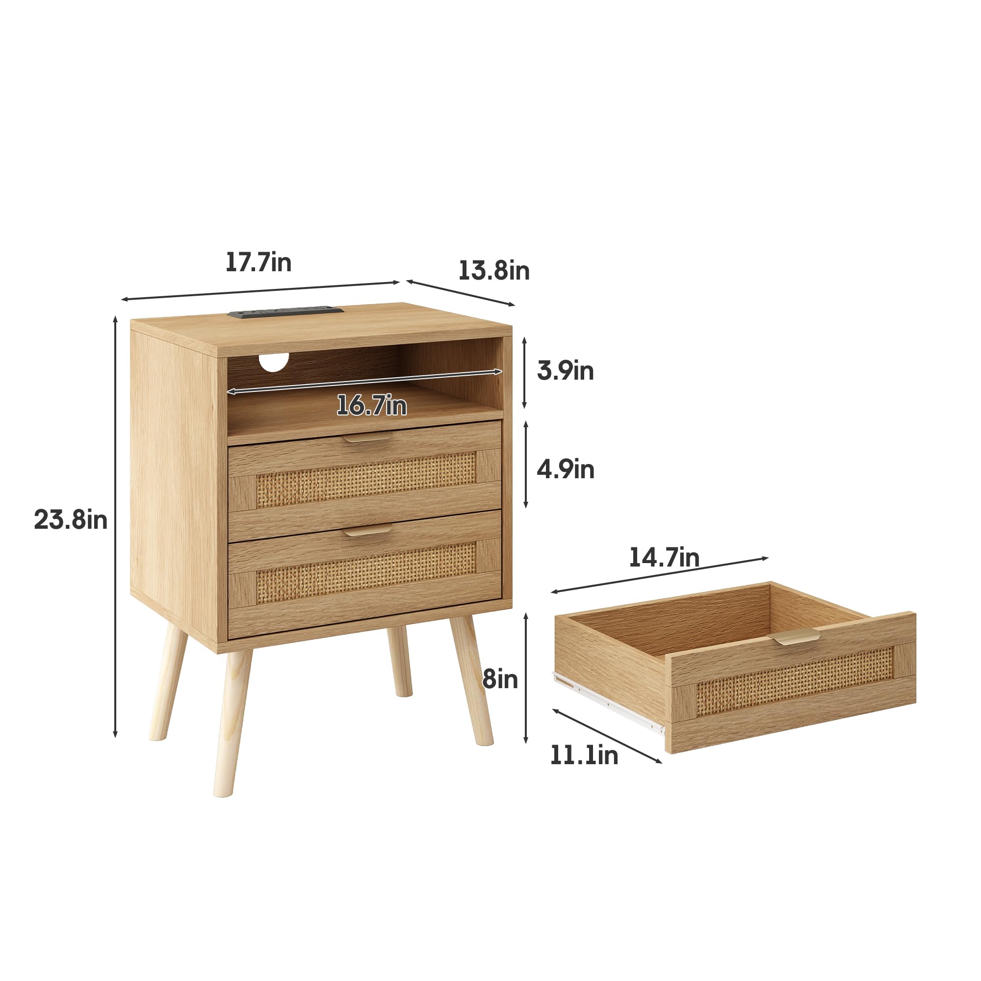 Halitaa Rattan Nightstand with Charging Station USB Port Led Lights and 3 Storage Drawers, Bedroom Furniture Night Stand Bedside Table Bed Side Table End Table Sofa Table (2 Pack)