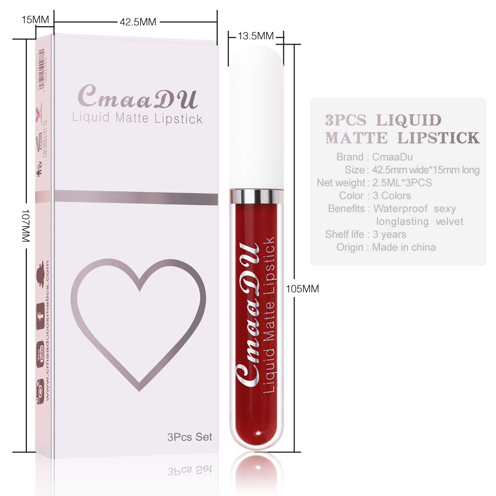 ETEDES 3 colours Matte Liquid Lipstick Makeup Set, Matte liquid Long-Lasting Wear High Pigmented Non-Stick Cup Not Fade Waterproof Lip Gloss (Set #11)
