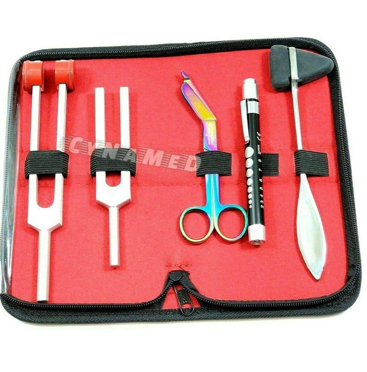 Premium Student Diagnostic Kit- Reflex Hammer & Tuning Fork Set C 128 And C 512 + Wartenberg Pinwheel Premium Steel Bandage Scissor 7.5” (Set Of 5 Rainbow Scissors Reusable Penlight)