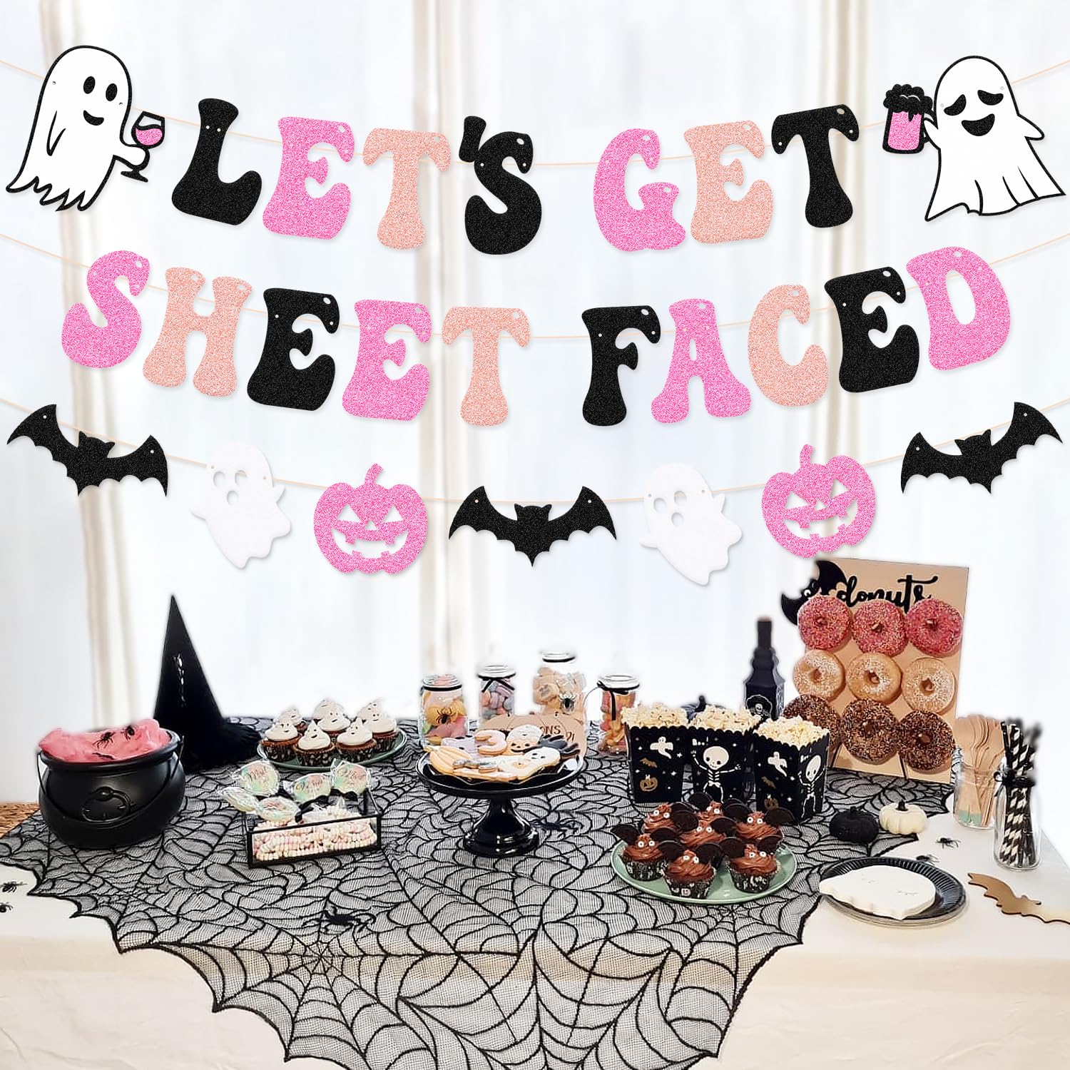 Let's Get Sheet Faced Banner Halloween Decoration Pink Hallow Banner Spooky Ghost Backdrop Boo Bat Pumpkin Haunted House Witch Poison Bar Theme Party Decor