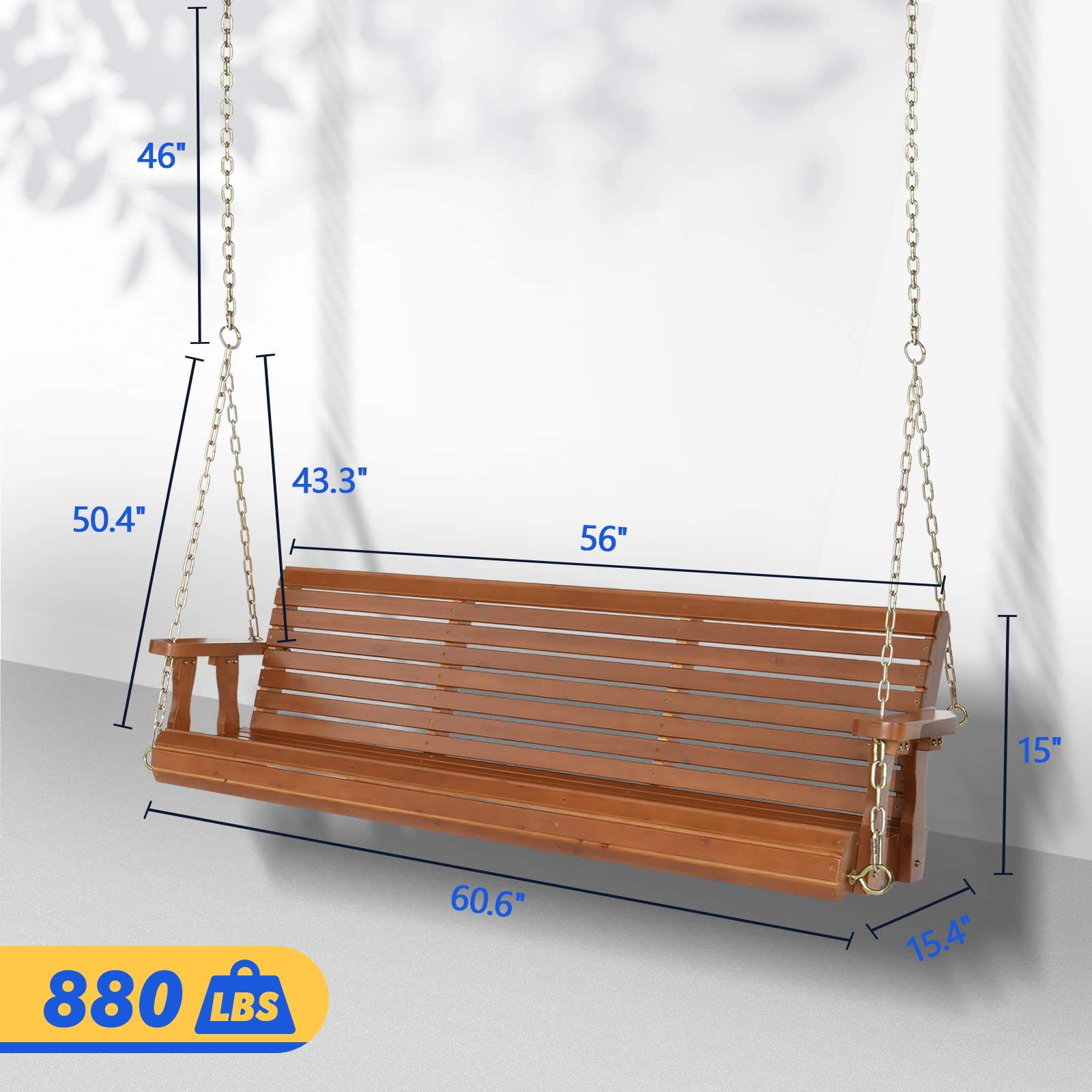 VINGLI Upgraded Patio Wooden Porch Swing for Courtyard & Garden, Heavy Duty 880 LBS Swing Chair Bench with Hanging Chains for Outdoors (Brown, 5 FT)