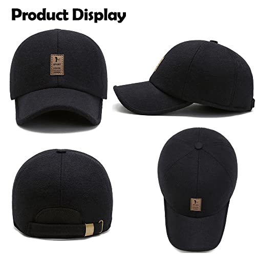 FGSS Mens Winter-Woolen Baseball-Cap with Earflaps - Adjustable Warm Dad Cap for Cold Weather (56-60CM) Black