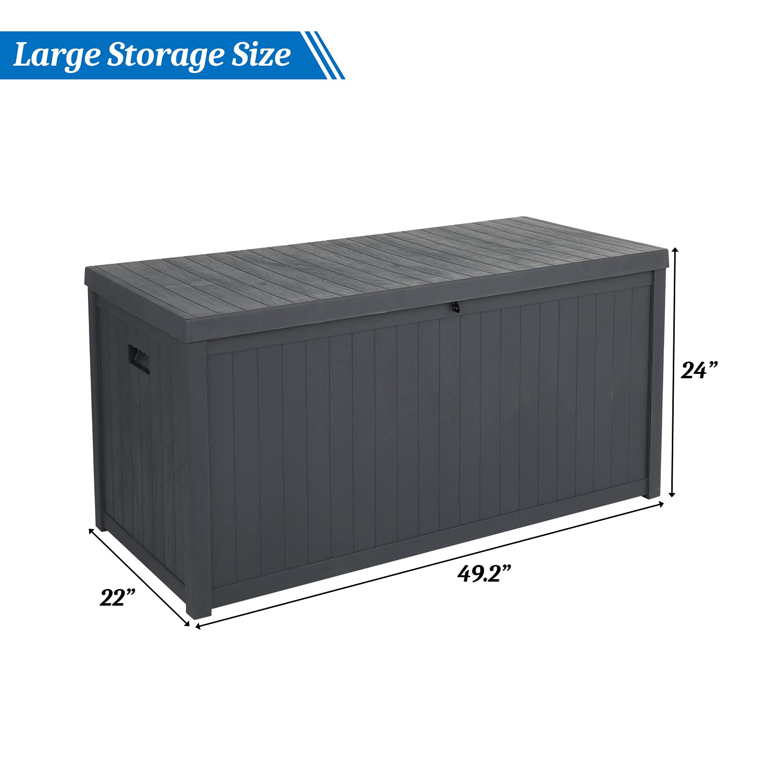 VINGLI Upgraded 113 Gallon Outdoor Storage Box, Lockable Plastic Storage Containers with Lid, Wooden Grain Surface Deck Box Patio Furniture for Garden, Pool, Balcony, Yard (Grey)