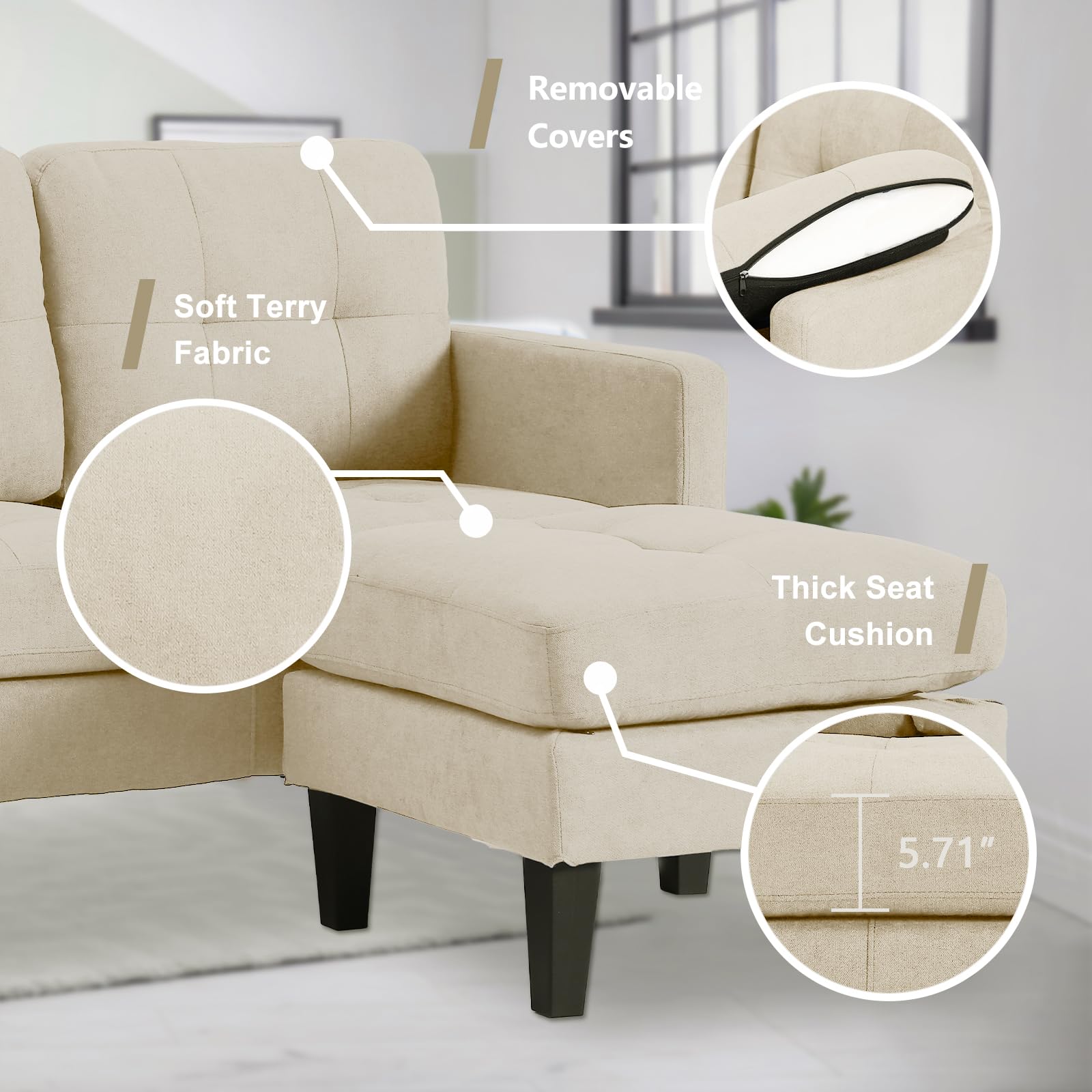 LETATA Convertible Sectional Sofa Couch with Chaise, Black L Shaped Couch Sofa Set with Reversible Ottoman, Modern Small Sectional Couches for Living Room,Apartment,Small Spaces (Beige)