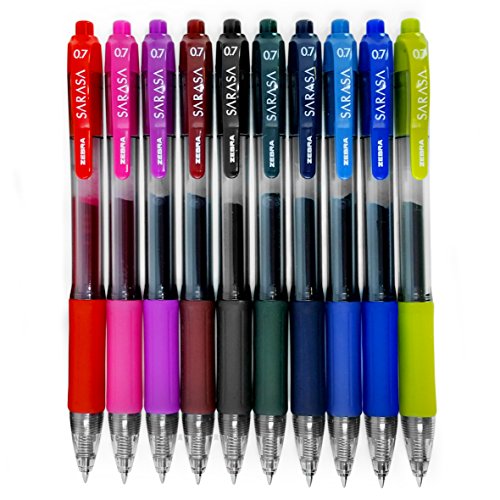 Zebra Pen Sarasa Retractable Gel Pen, Medium Point, 0.7mm, Assorted Fashion Color Ink, 10-Pack