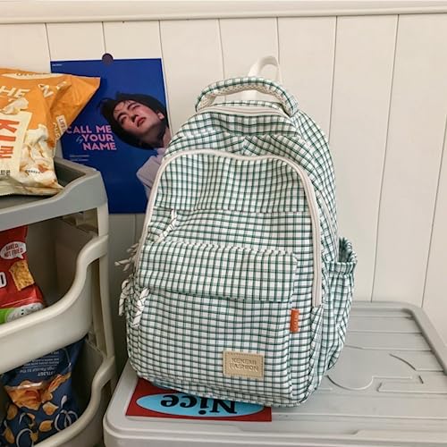 Kawaii Backpack with Cute Accessories Large Capacity Checkered Plaid Rucksack for Women Trendy Aesthetic Casual Daypack (Green)