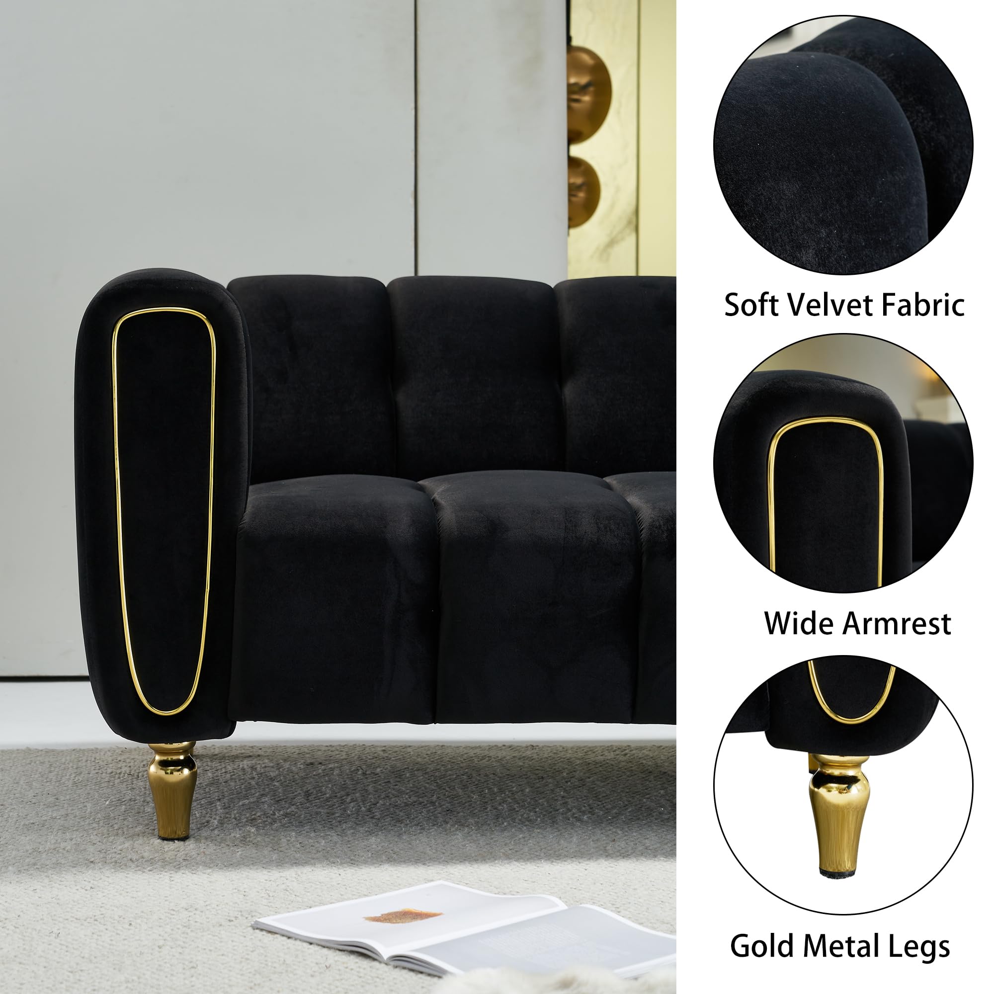 Homtique Modern Sofa for Living Room, Oversized Sofa-83inch Comfy Velvet Sofa, Channel-Tufted Design Couch Deep Seat for Bedroom, Studio, Office (Black)