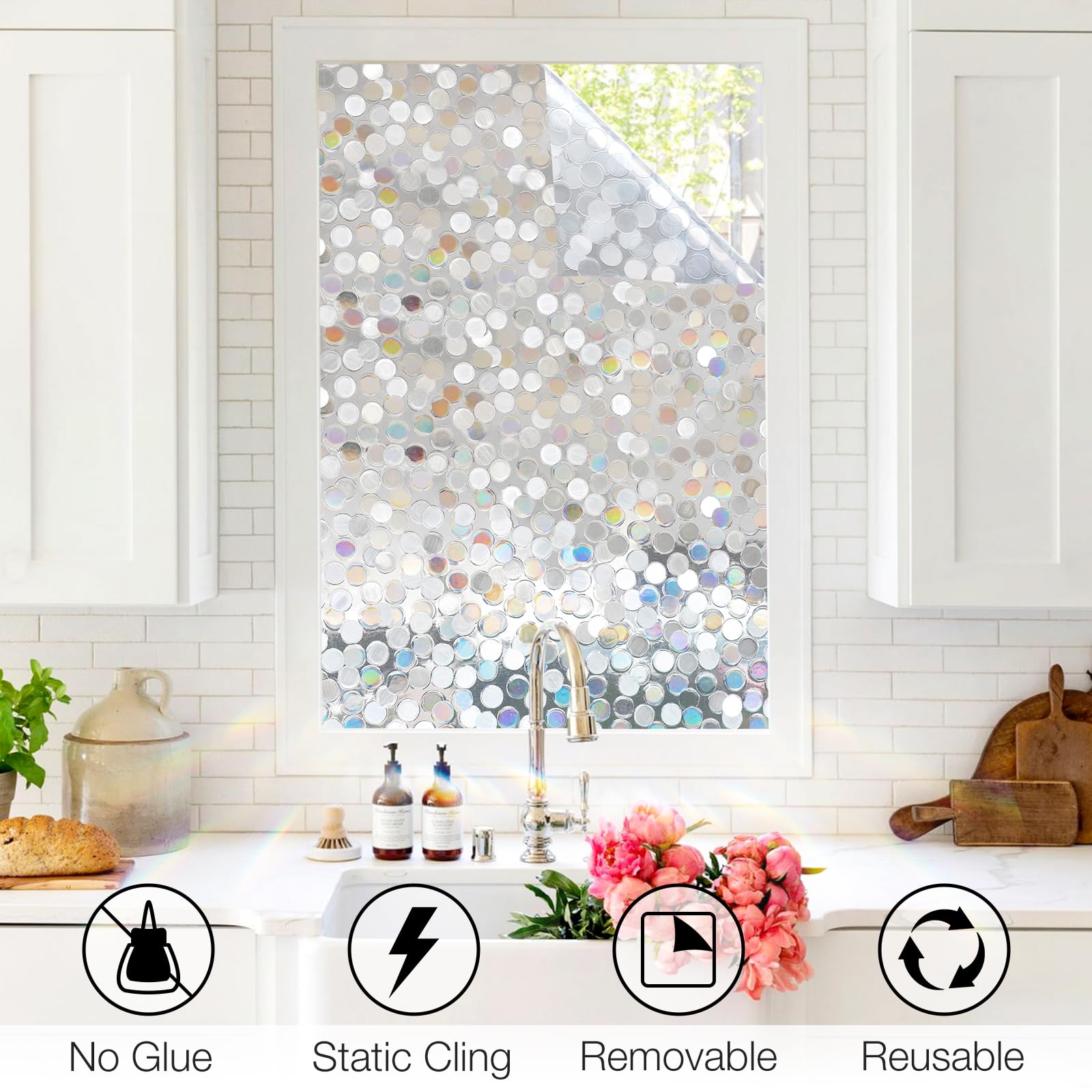 rabbitgoo Window Privacy Film Rainbow Window Clings Stained Glass Window Decals 3D Decorative Window Coverings, Static Cling Removable Glass Door Window Stickers, Anti-UV Non-Adhesive 17.5" x 78.7"