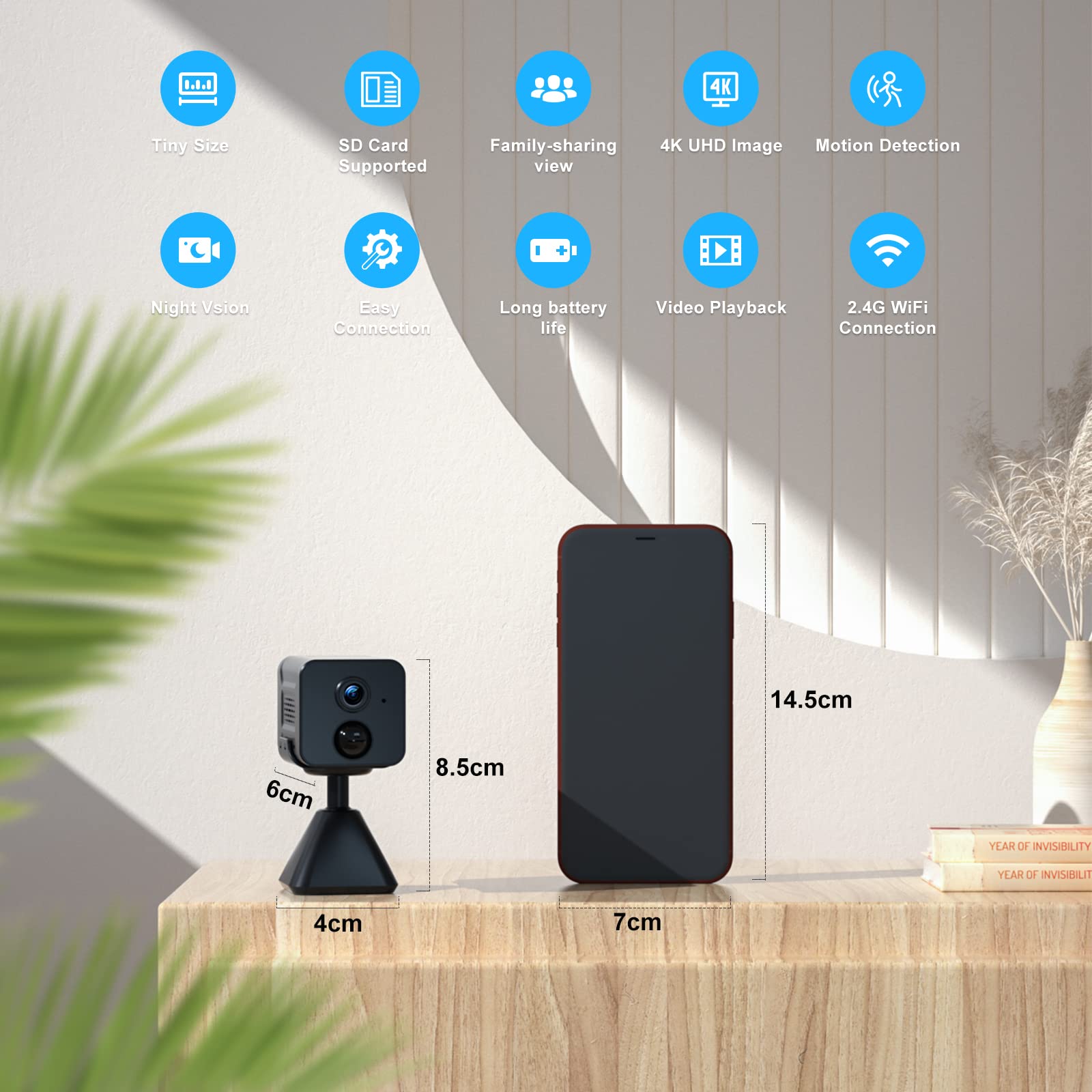 COCOCAM Security Camera Compact for 2.4Ghz WiFi - Wireless Indoor Cam Camera 1080P for Home Pet Dog Baby Office, Portable with Motion Detection, SD/Cloud Storage, Night Vision APP Alert