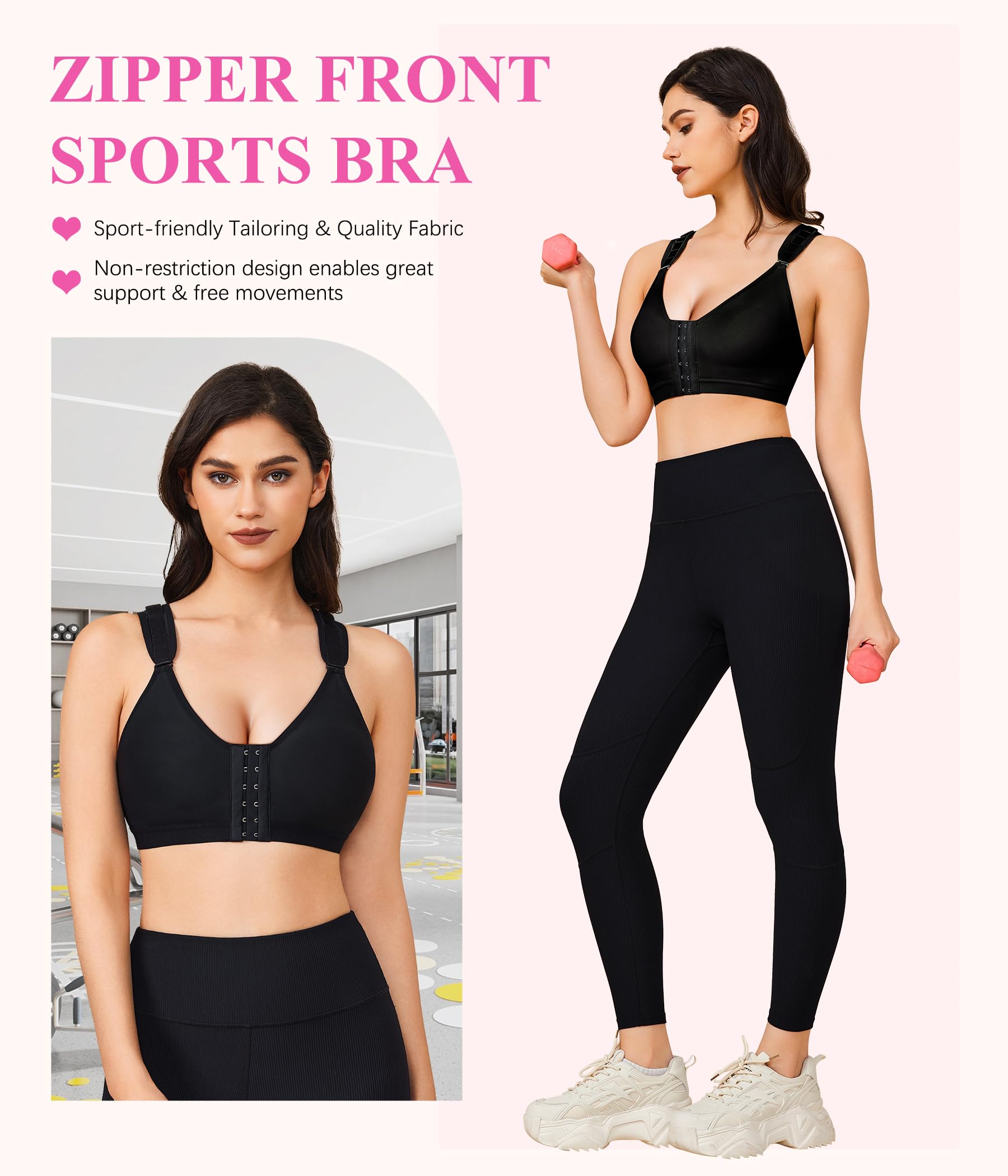 BRABIC Women Post-Surgical Sports Support Bra Front Closure with Adjustable Straps Wirefree Racerback (Black, L (fit for 36B 36C 36D 38A))