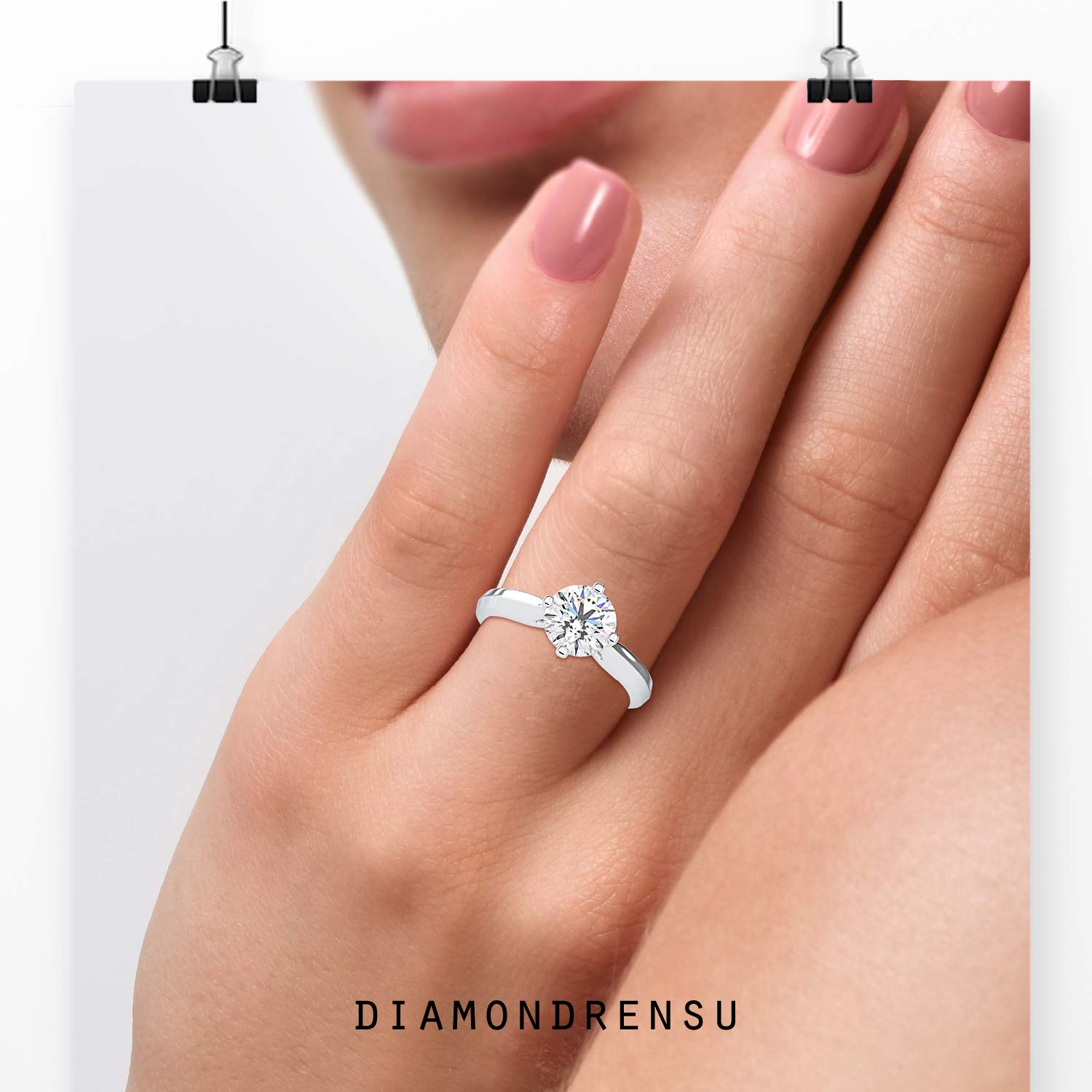 Diamondrensu1.13 CT Round Colorless Moissanite Diamond Compass Prong Setting Engagement Ring, Knife Edge Wedding Ring, Solitaire Ring for Women, 10K White Gold, Ring Size 7 US
