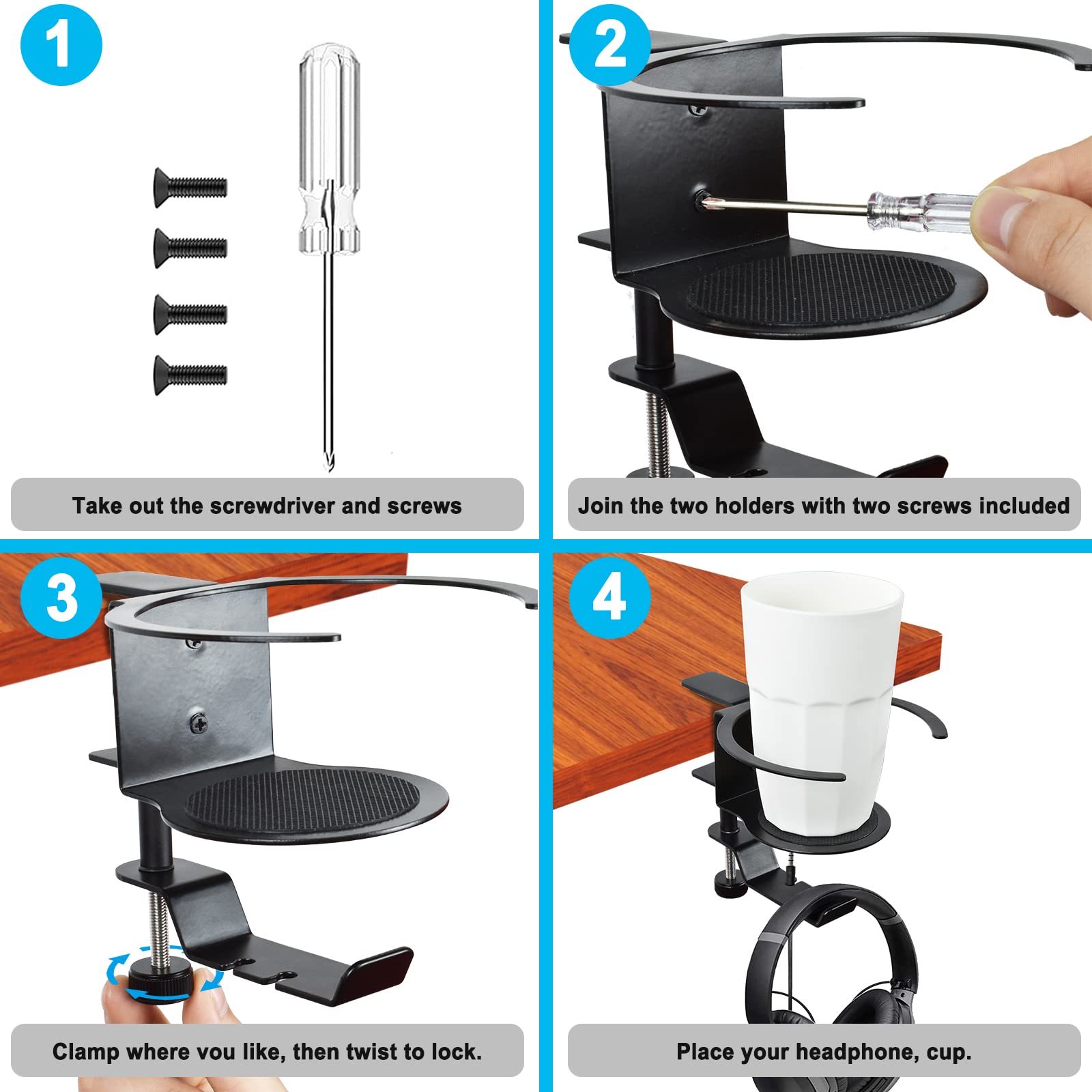 LBTING Desk Cup Holder, 2-in-1 Adjustable & 360° Rotating Office Gaming Desk Accessories for Under Desk Headphone Stand Hanging Headset, Holding Coffee Mug, Drinks, Water Bottle – Black
