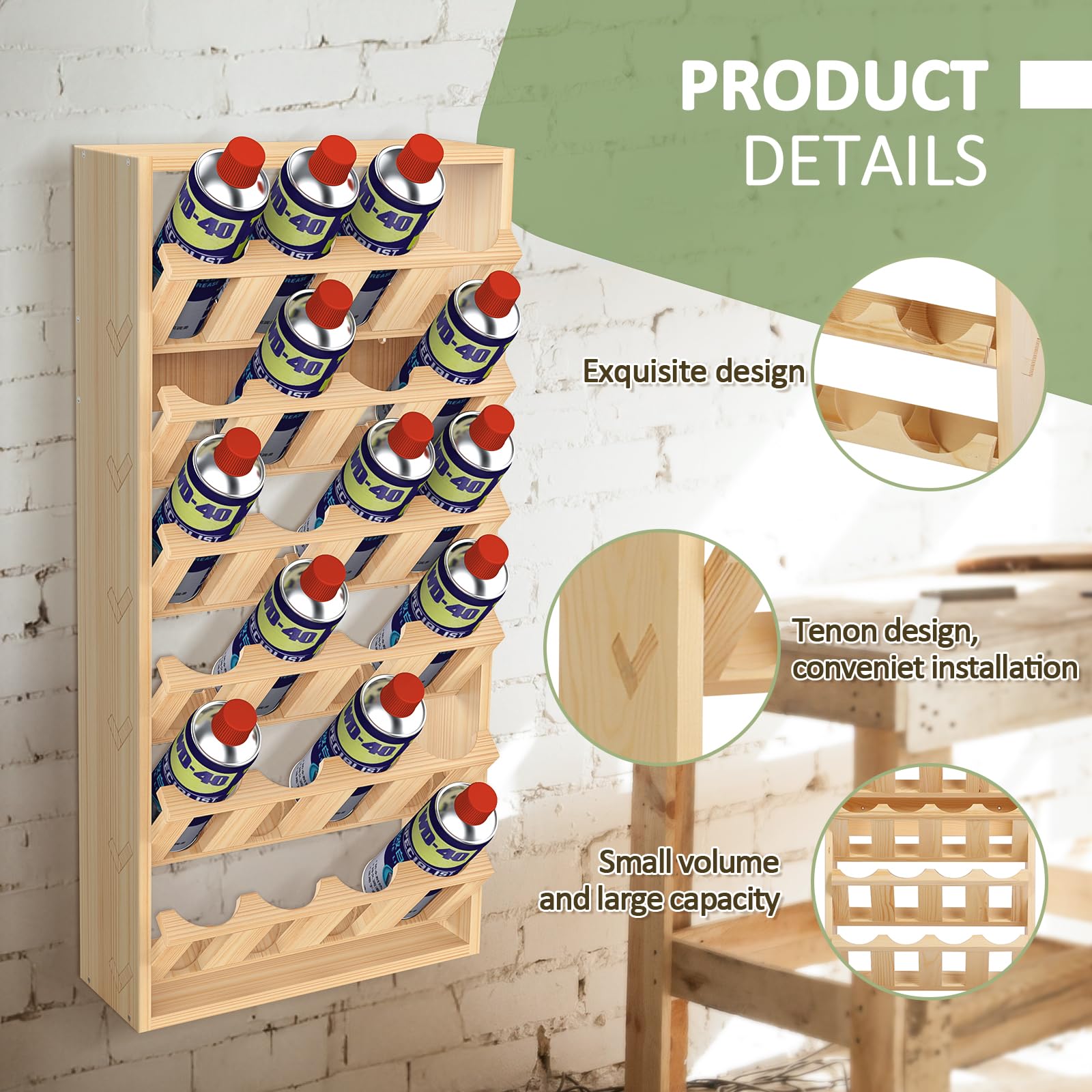 jxgzyy 6 Tier 24 Can Spray Paint or Lube Can Wall Mount Storage Holder Rack Lube Holder Organization Storage Rack Wood Shelf Case Organizer, 14.2" L x 5" W x 30" H