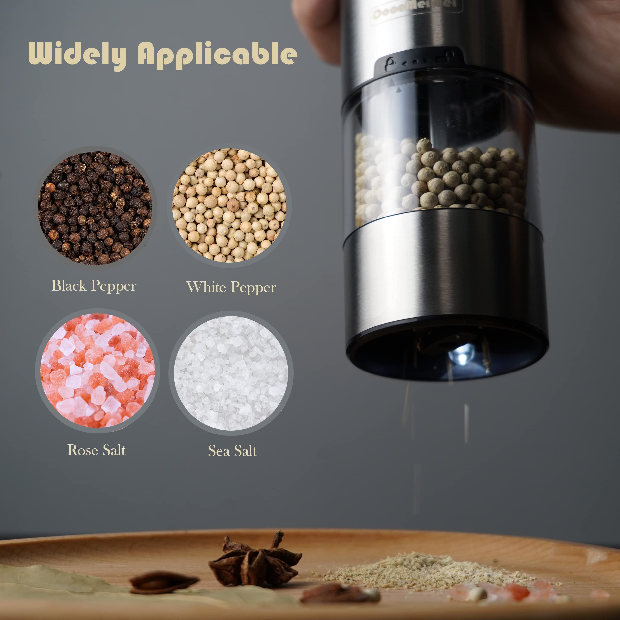 CocoMeiwei Salt and Pepper Grinder Set, Electric Pepper Grinder 2 Pack USB Rechargeable,Stainless Steel Push-button Pepper Mill, Adjustable Coarseness, One Hand Automatic Salt and Pepper Grinder