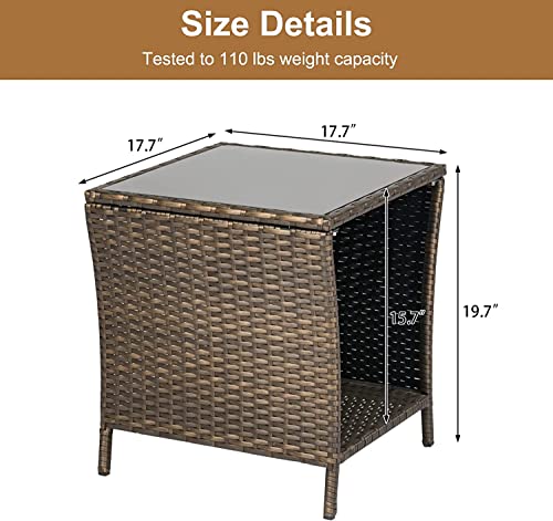 J-SUN-7 Patio Square Wicker Side Table - Set of 2 Outdoor Tempered Glass Top End Table with Storage for Patio Courtyard Balcony (Brown)