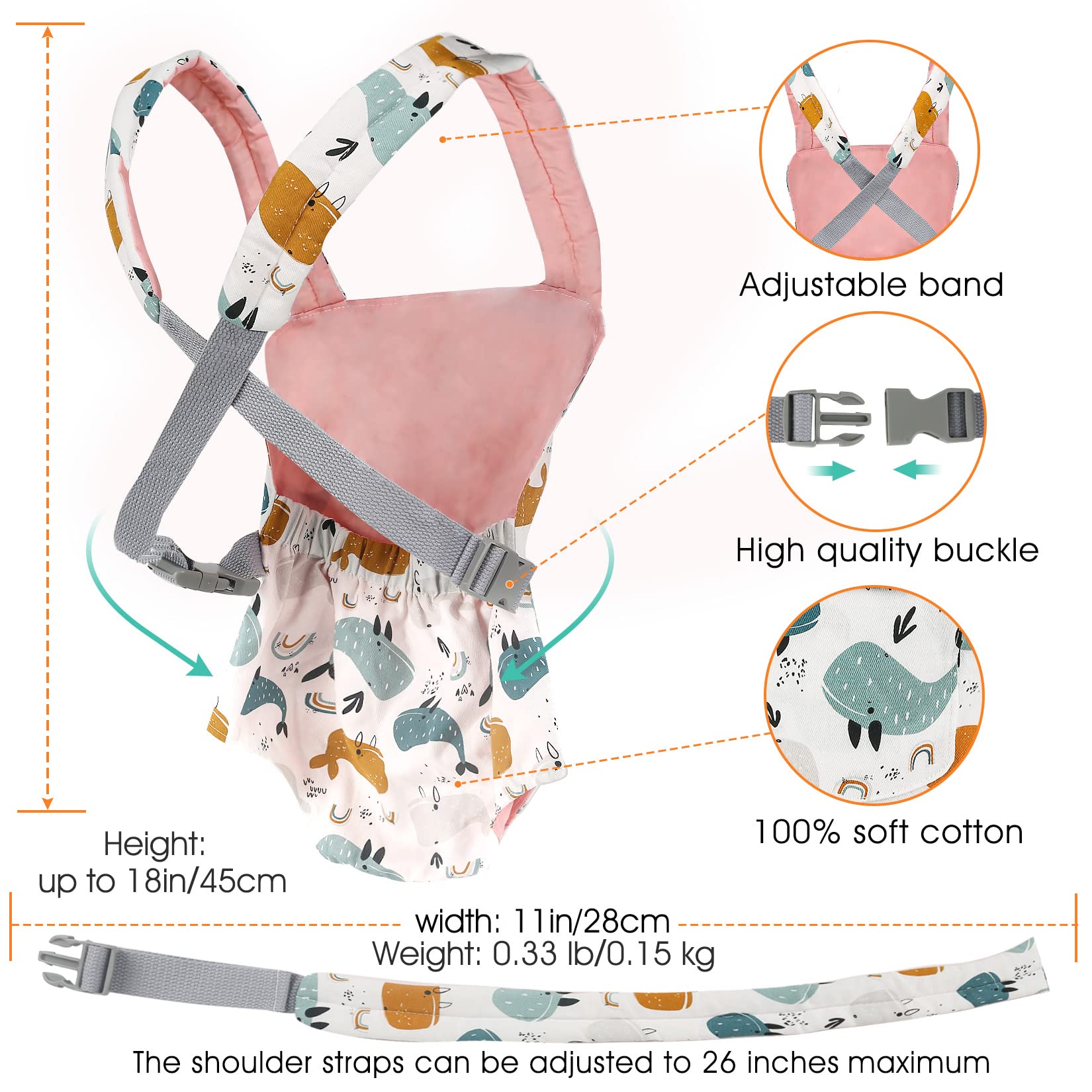 Vollence Baby Doll Carrier Front and Back Backpack Doll Carrier for 14 to 25 inch Dolls