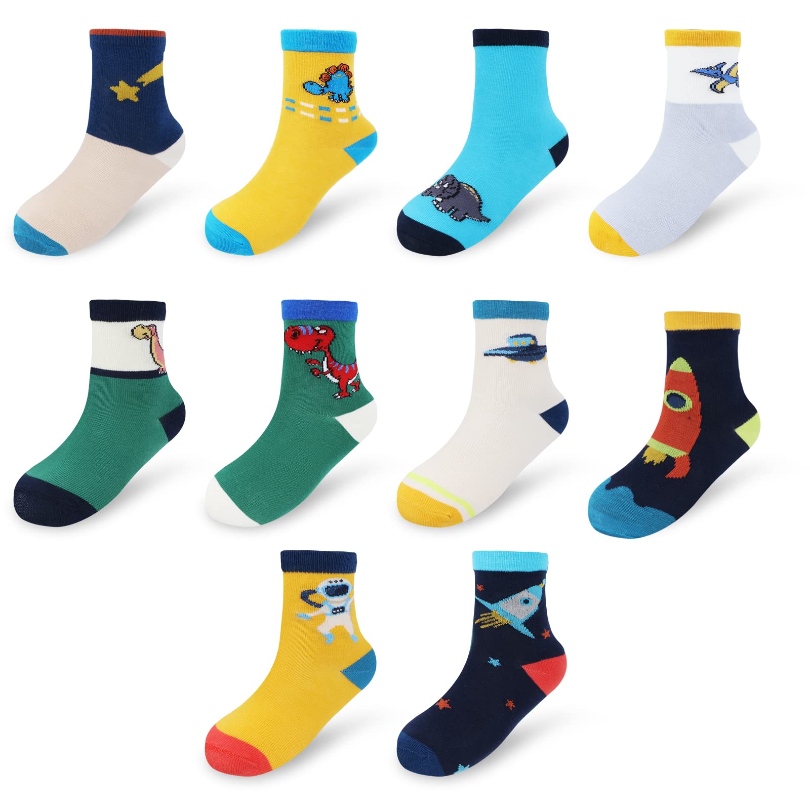 Mmkkhpy Toddler Little Kids Boys Fun Novelty Design Crew Cotton Socks 10 Pairs (5-8 Years, Dino Rocket)