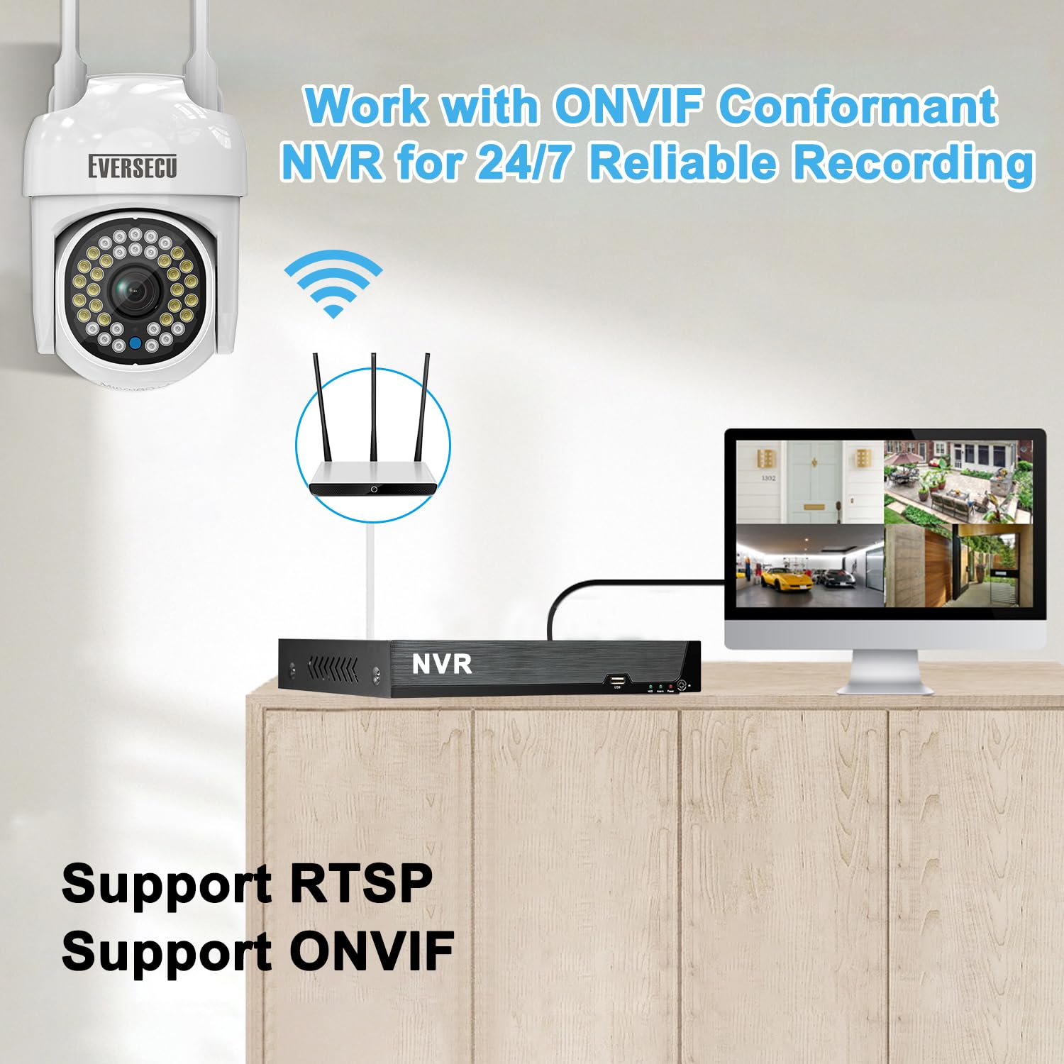 EVERSECU 2K 3.0MP Outdoor WiFi PTZ Security Camera, Motion Auto Tracking, 2 Way Audio, Infrared Night Vision, Smartphone App WiFi CCTV IP Camera Support SD Card & Cloud Storage