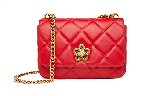 Women Quilted Crossbody Bag Genuine Leather Clutch Purse with Chain Strap Ladies Small Shoulder Handbags - Star Red