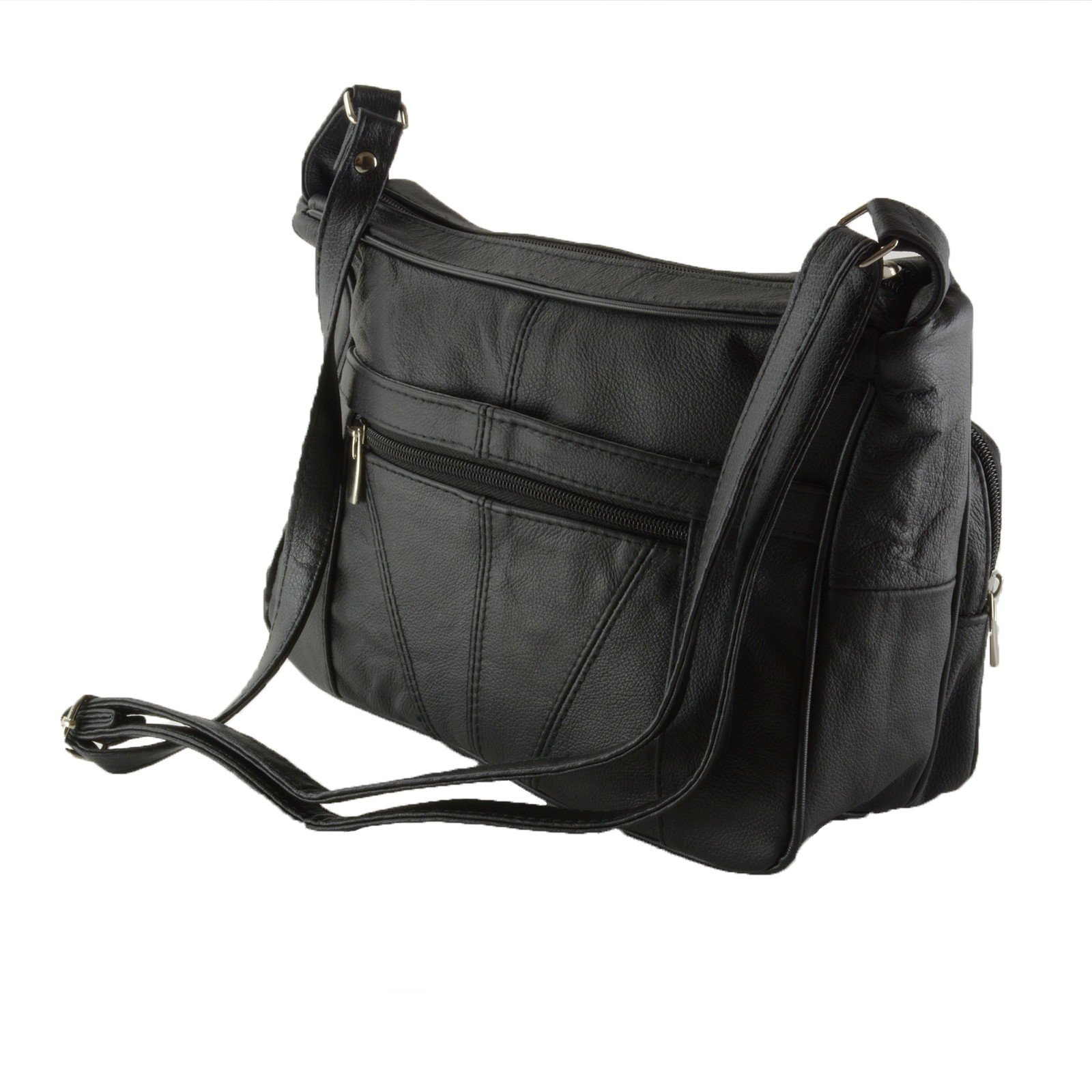 Women's Leather Organizer Purse Shoulder Bag Multiple Pockets Cross Body Handbag (Black) Regular