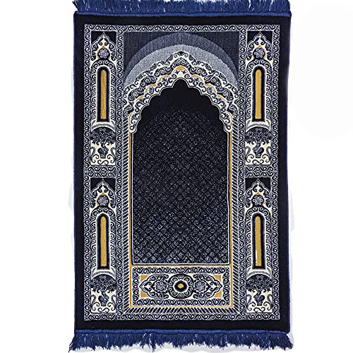 Modefa Islamic Prayer Rug - Double Plush Large & Wide Velvet Carpet - Traditional Muslim Janamaz Sajada - Thick Turkish Prayer Mat for Men & Women- Ramadan or Eid Gift - Floral Mihrab (Navy Blue)