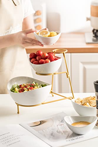 LAUCHUH 3 Tier Serving Stand Chip and Dip Serving Set Pocerlain Oval Bowl Set with Stand White Serving Bowl for Entertaining Tiered Tray Decor for Countertop