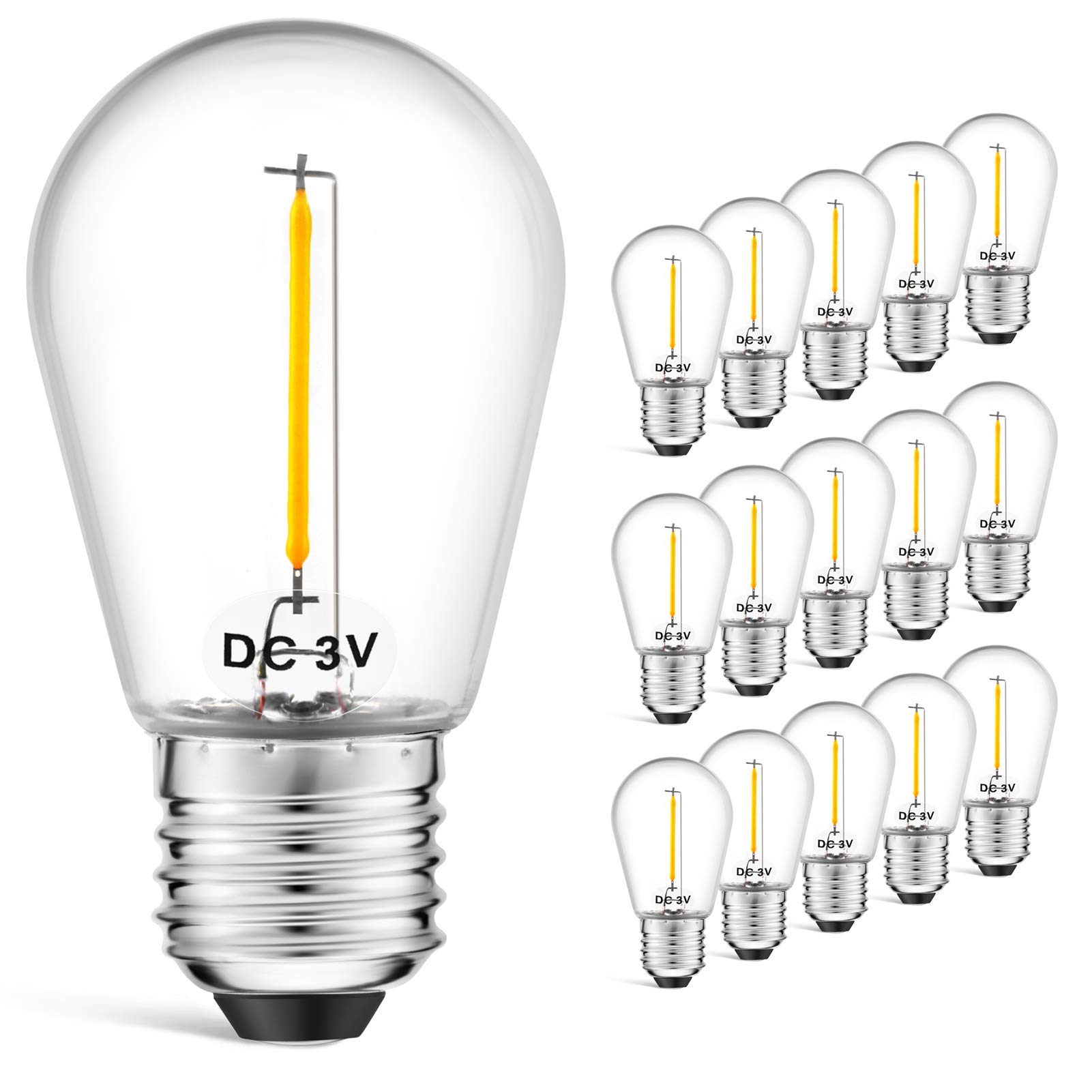 VISTERLITE LED S14 Low Voltage (DC 3V) Replacement Bulbs with E26 Base for Outdoor Solar String Lights, 15 Pack, Clear
