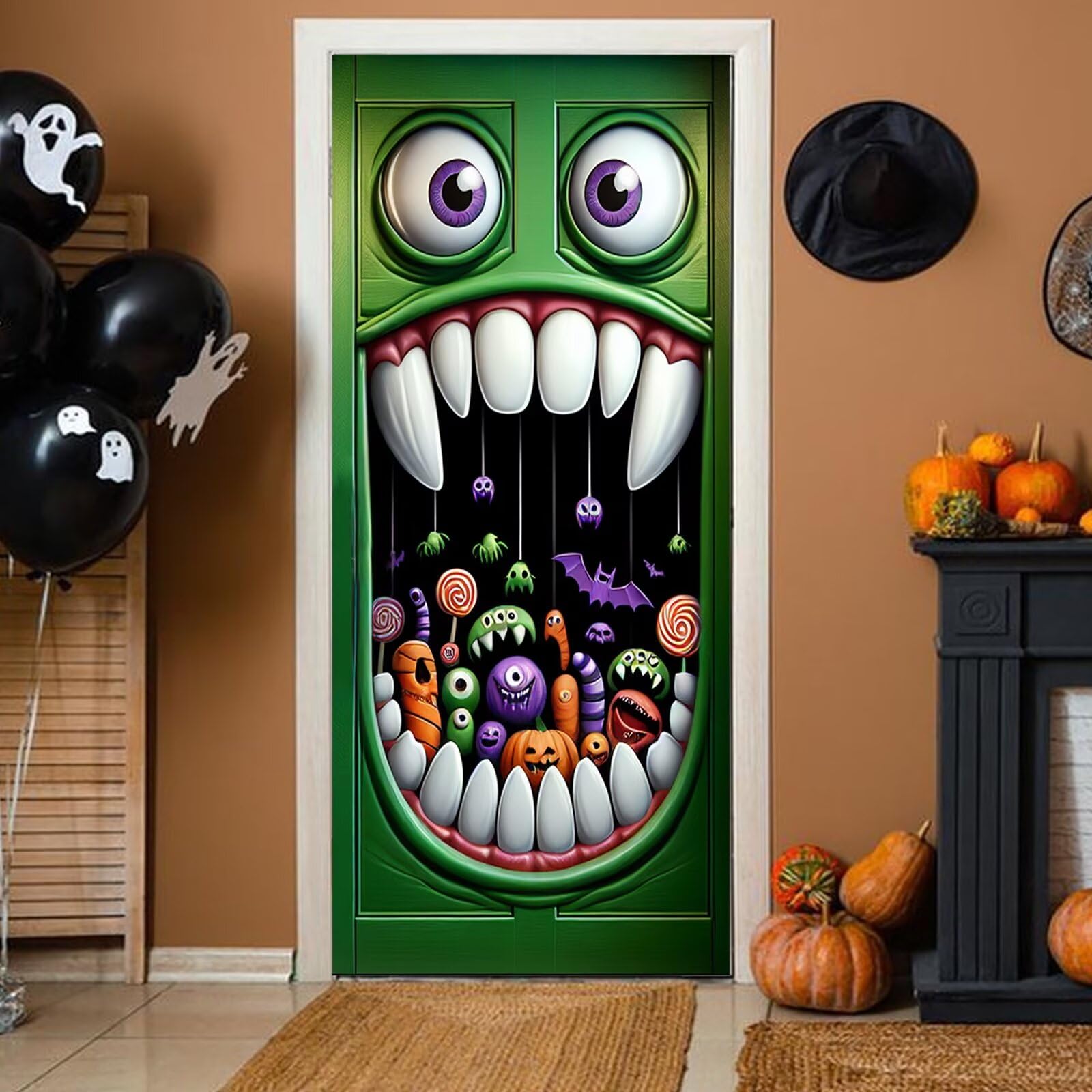 Halloween Door Cover, Cute Halloween Front Door Banner Covering Decorations, Fabric Halloween Door Hanging Banner Backdrop Decor Indoor Outdoor Halloween Party Supplies Decorations 72.8x35.4 Inch