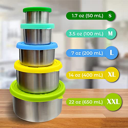WEST BROS Stainless Steel Containers with Lids - Reusable Snack Containers with Silicone Lids - Leakproof Stainless Steel Food Storage - Round Metal Premium Container Bento Box