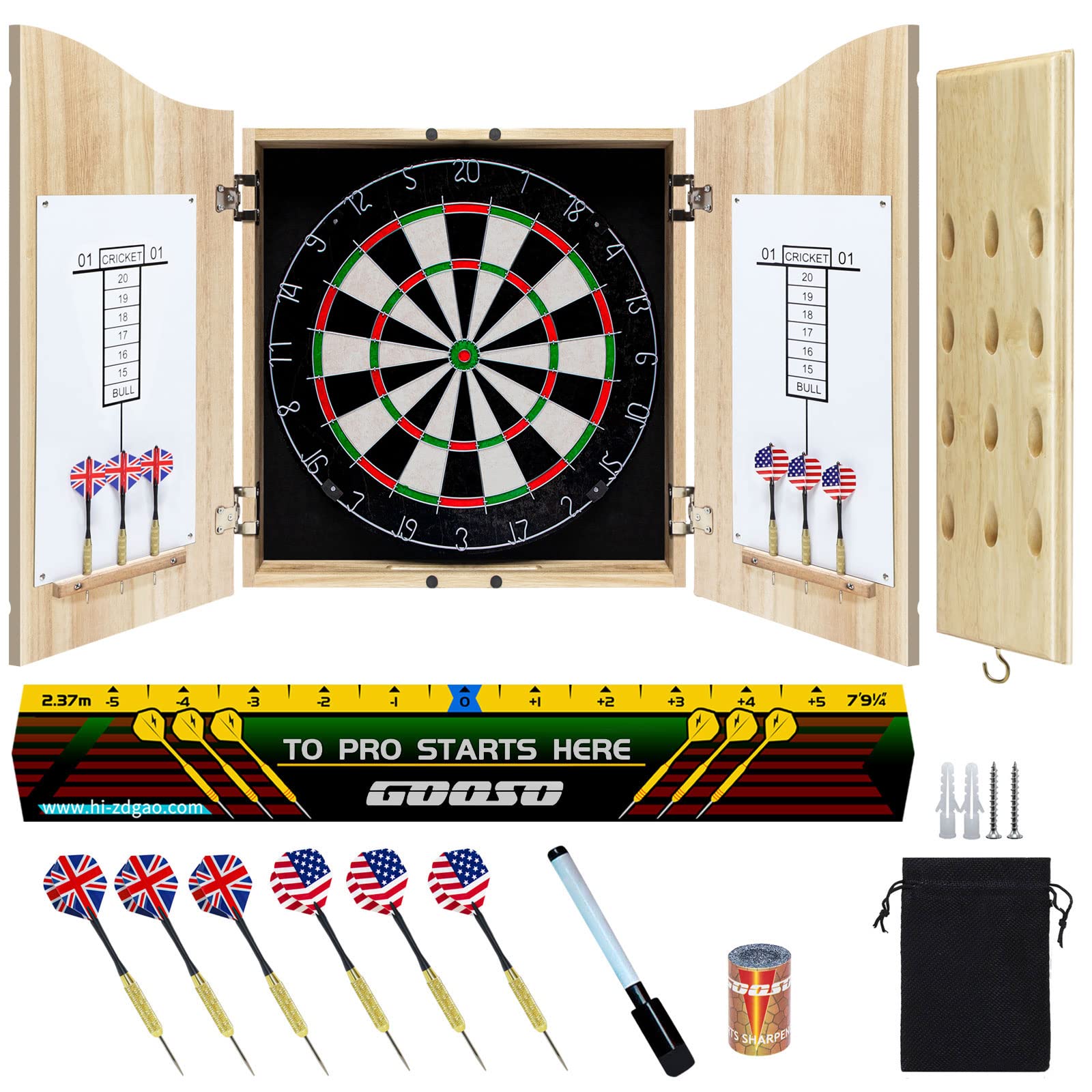 Dart Board Cabinet Set with 18 Inch Bristle Dartboard, Darts Holder Wall Mounted, Darts Throw Line, and Ready-to-Play Bundle with Steel Tip Darts Set
